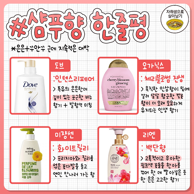 지금까지 맡아본 샴푸향 한줄 총정리 자취생으로 살아남기
