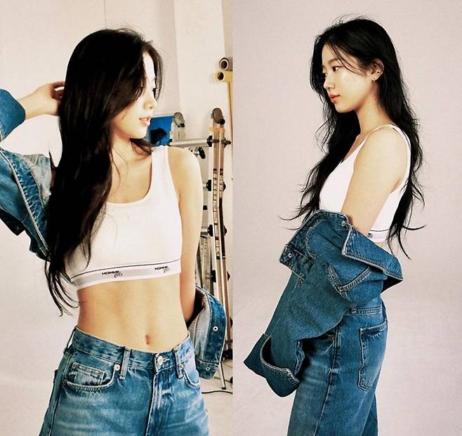 르세라핌 카즈하 복근 드러낸 데님 핏 수줍은 듯 도발적 청청패션 패션엔
