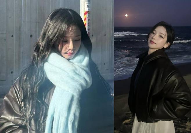 카리나 강릉 앞바다에 나타난 요정 가죽 재킷 머플러면 바닷바람 문제no 스타와 패션