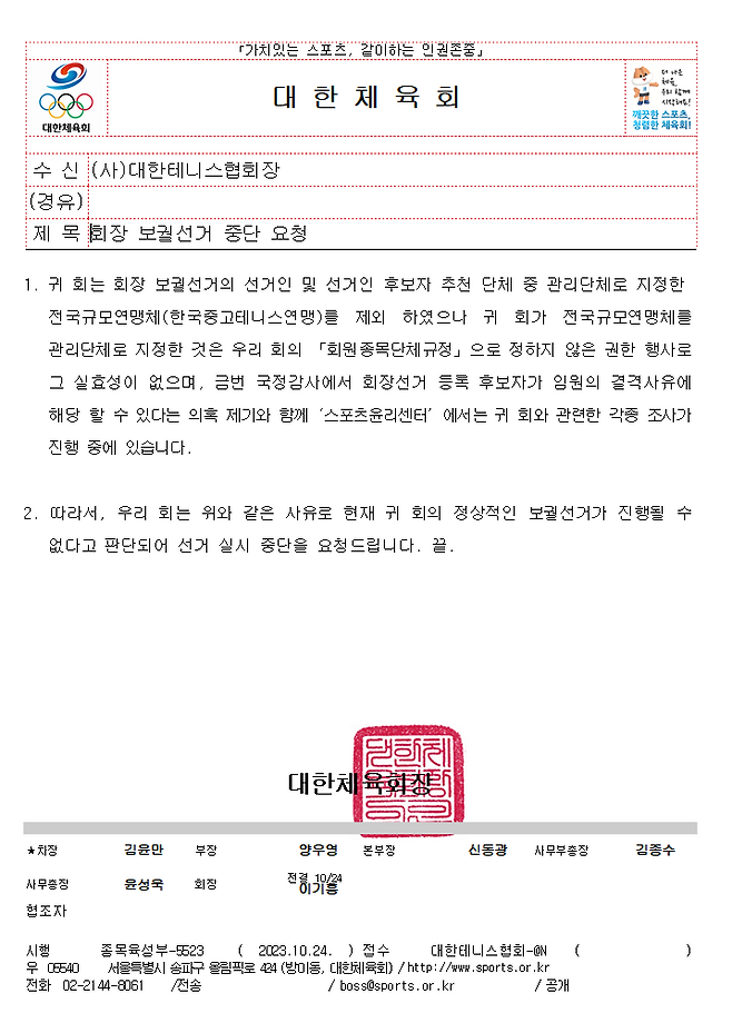 체육회장의 ‘실언에 파산 위기 가중되고 있는 테니스협회