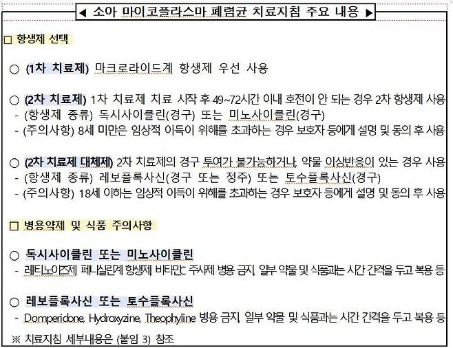 질병청 소아 중증 마이코플라스마 폐렴 환자 치료지침 마련