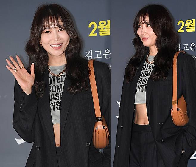 오윤아 선명한 11자 복근 시크한 크롭 티셔츠 정장 셋업 패션 스타와 패션