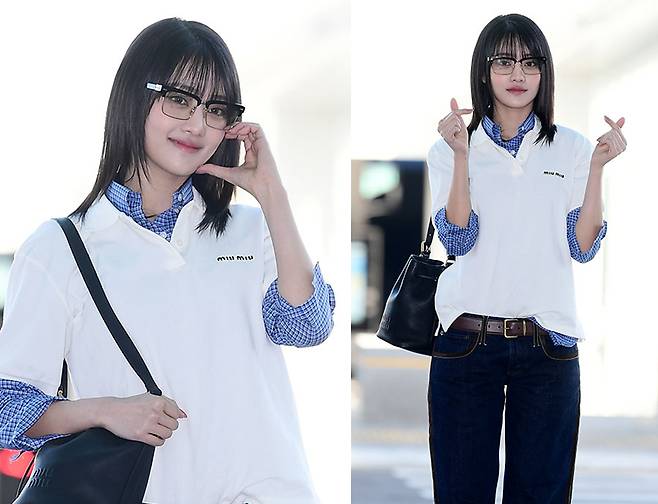 민니 귀여운 너드미 완벽한 긱시크 룩 셔츠 데님 팬츠 안경 공항패션 스타와 패션