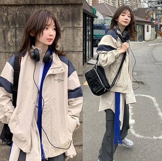 강민경 두르고 또 두르고 루즈핏 레이어드에 바람막이 봄 워크웨어룩 패션엔