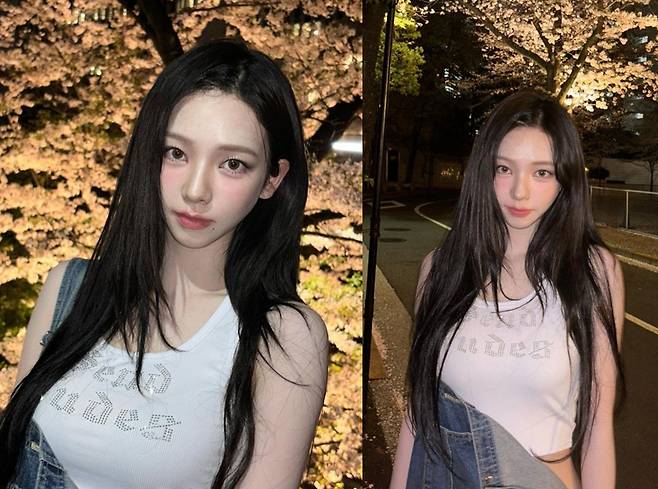 카리나 요정의 밤산책 흰 티에 데님 멜빵바지 입고 벚꽃놀이 스타와 패션