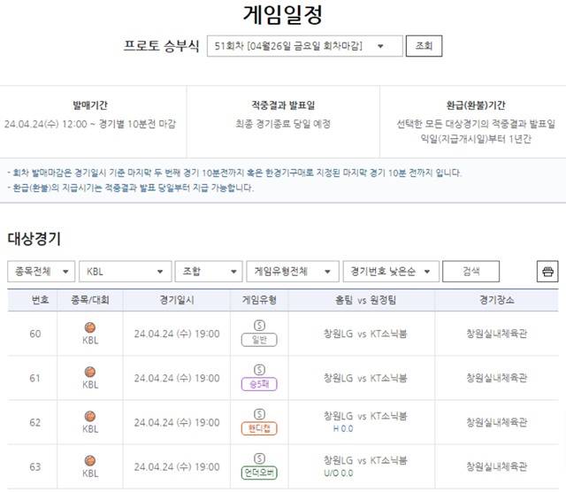 Kbl 4강 Po 창원lg Kt소닉붐 5차전 대상 프로토 승부식 51회차 발매