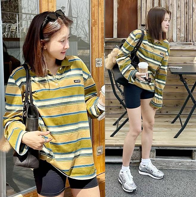 이시영 요즘 내 교복 먼저 찾는 바이커 쇼츠와 스트라이프 티셔츠 데일리룩 패션엔