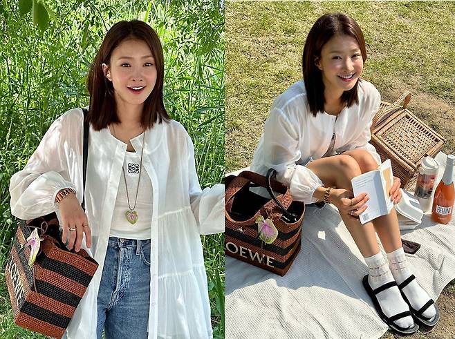 이시영 여름에 시원한 한강 피크닉 시스루 블라우스 데님 쇼츠 패션 스타와 패션