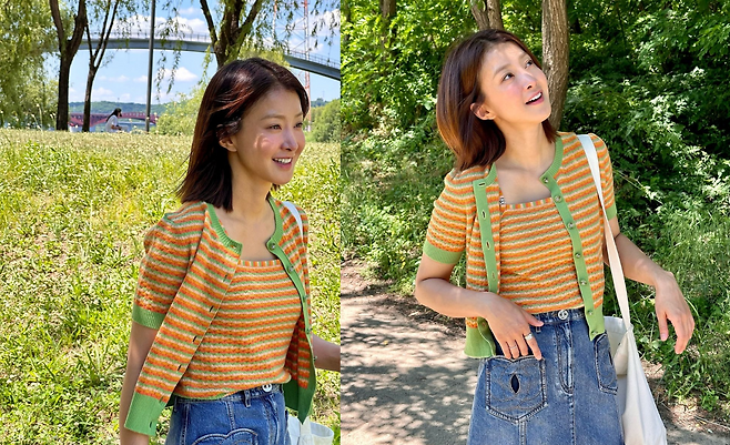 이시영 니트 탑and가디건 셋업과 청치마 입고 한강 나들이 라이프업