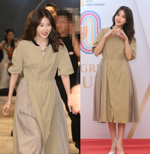 이지아 40대의 품격 하이힐 신고 세련된 듯 우아한 베이지 원피스룩 스타와 패션