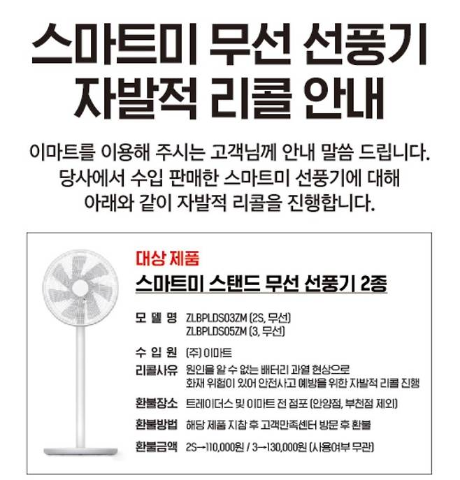 이마트 中 제품 스마트미 선풍기 2종 자발적 리콜