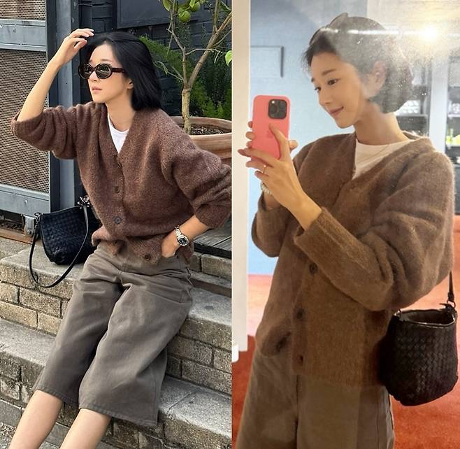 서예지 깊어가는 가을 일상 버뮤다 팬츠에 니트 카디건 톤온톤 외출룩 패션엔