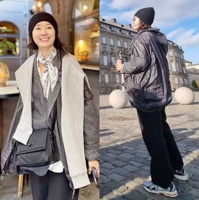 오연수 북유럽 휘게 감성 그대로 비니와 스카프 레이어드 덴마크 여행룩 패션엔