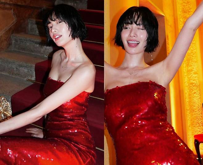 얼마나 말랐으면 나나 밀라노 홀린 튜브탑 눈부신 레드 시퀸 드레스룩 뷰티는 내운명