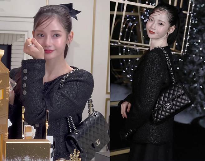 하연수 하라주쿠서 1000만원 훌쩍 넘는 샤넬 클래식백 메고 눈부신 올블랙 트위드 셋업룩 뷰티는 내운명