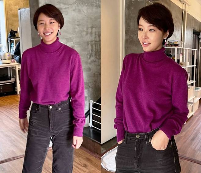황정음 우아한 꽃미모 웃음 보라색 니트 입고 독특한 일상룩 눈길 뷰티는 내운명
