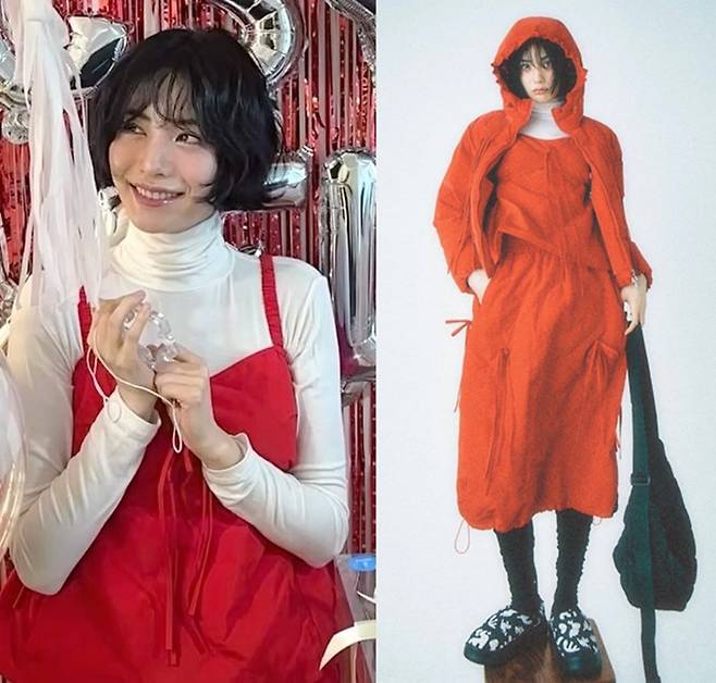 나나 힙and페미닌 겨울 레드 핏 일상에서 더 예쁜 스포츠 숏패딩 블록코어룩 패션엔