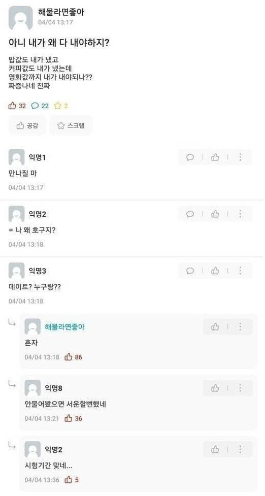 혼자 밥 커피 영화까지 다 계산해서 화난 사람 밈하우스