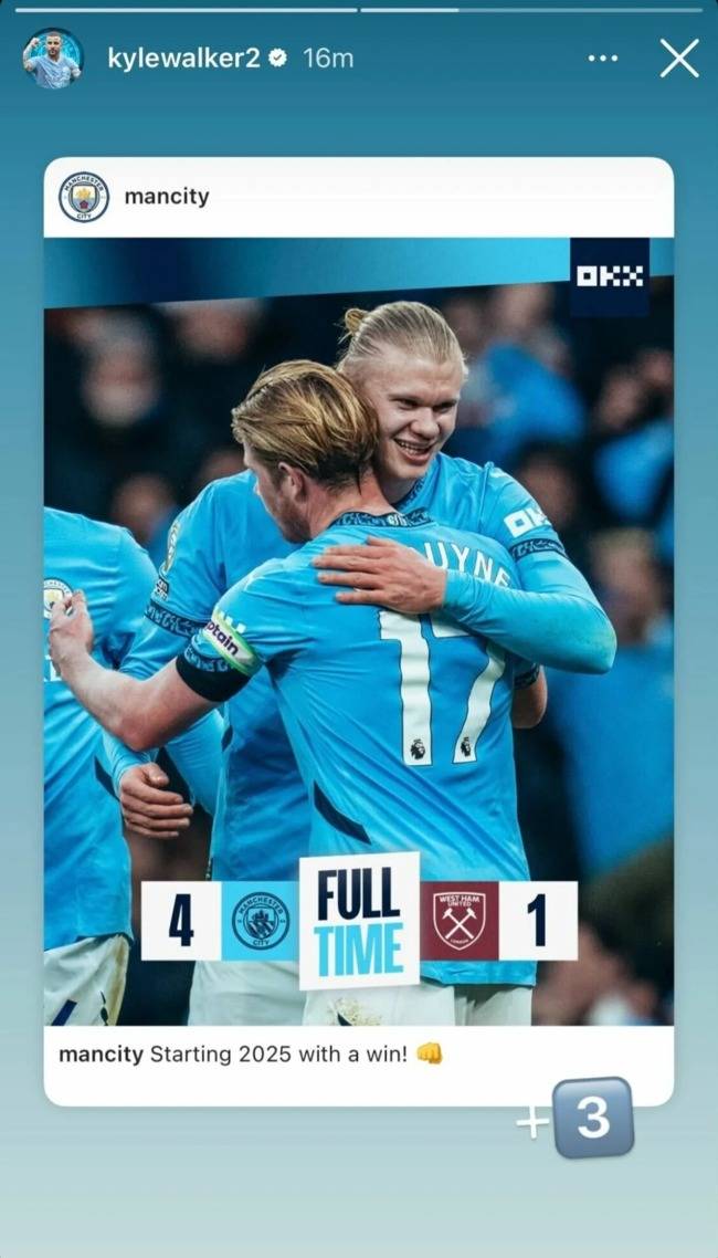 웨스트햄전 4-1 대승→팬들과 자축...맨시티 '레전드' DF, SNS에 "2025년 시작은 승리와 함께!"