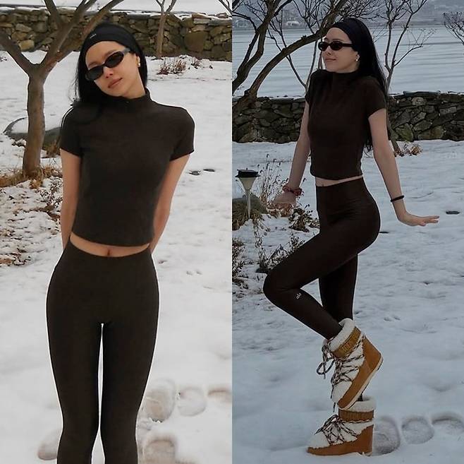 손나은 강추위 잊은 눈 밭 레깅스 핏 복근 드러낸 S라인 Y2k 산책룩 패션엔