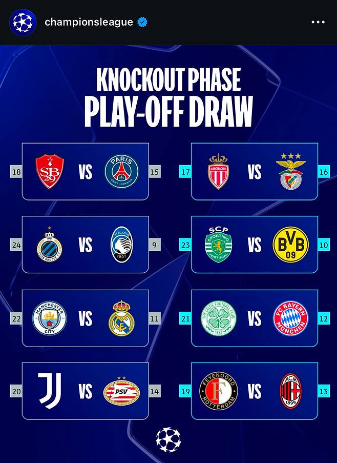 [오피셜] 맨시티 OR 레알 둘 중 하나는 탈락…UCL 16강 PO 대진 발표, 양현준 VS 김민재 '코리안 더비' 성사