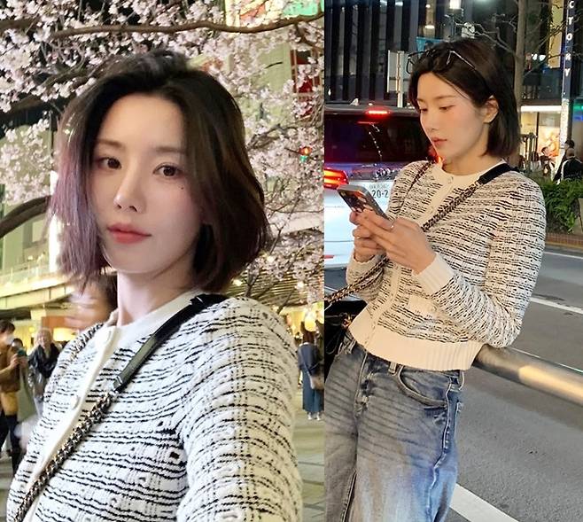 권은비 벚꽃이 활짝 일본 밤 속으로 봄 만난 숏컷 여신 니트 카디건 산책룩 패션엔