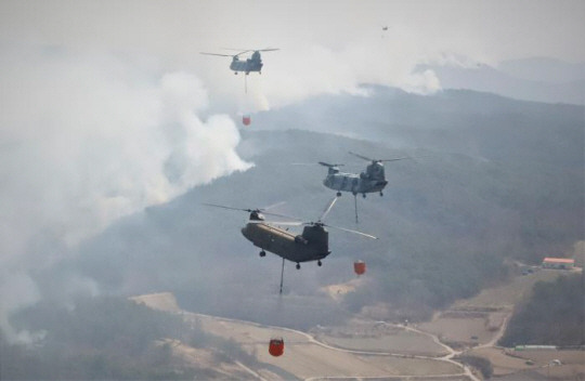 물 5000ℓ 한 번에 퍼붓는 軍 치누크 헬기 산불 현장 ‘단비처럼 종횡무진 활약